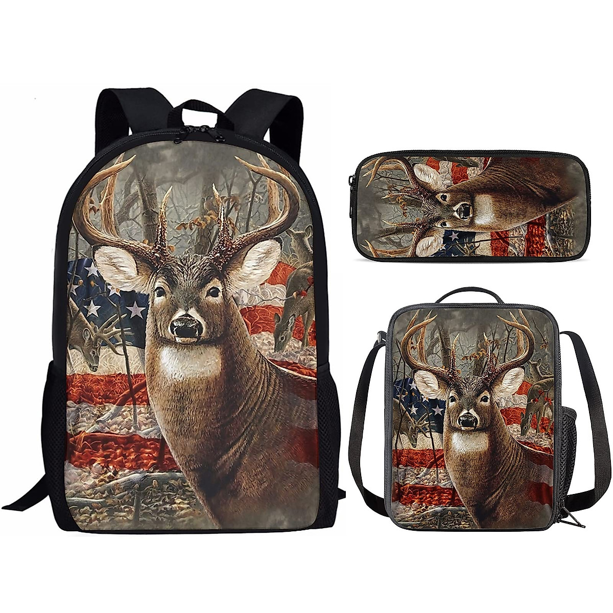 DISNIMO Back to School Backpack Set 3 Pack American Flag Hunting Camo Deer Junior Primary Schoolbag Thermal Lunch Box Pencil Case 3 in 1