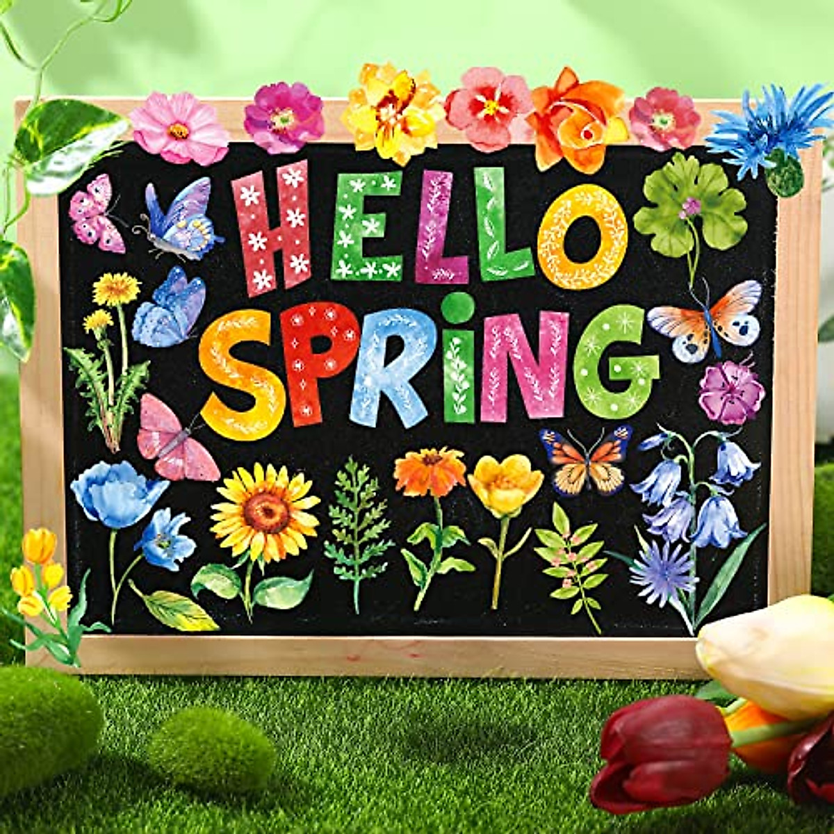 72 Pcs Cute Cutouts Hello Spring Cut Outs with 96 Pcs Glue Points Spring Bulletin Board Set Floral Plants Spring Cutouts Spring Decorations for Classroom School Game Party Bulletin Board Supplies