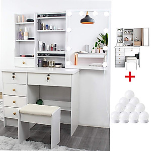 Vanity Set Dressing Table with Lighted Mirror, Modern Storage Makeup Table with 5 Drawers and Stool,White (H1905)