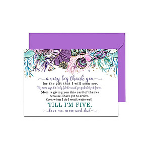 Enchanting Seashells Baby Thank You Cards, 15 Pack Cute Baby Shower Notes with Envelopes Set, Prefilled Message, Customizable and Personalize Blank Stationery Lilac Notecards Mermaid, New Parents Gift Ideas