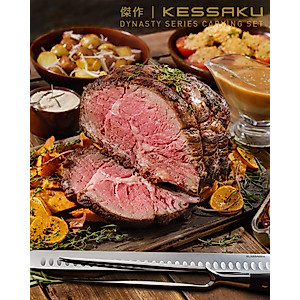 KESSAKU 12-Inch Carving Slicing Knife & 7-Inch Meat Fork Set - Dynasty Series - Forged ThyssenKrupp German HC Steel Granton Edge - G10 Resin Full Tang Handle with Blade Guard