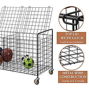MyGift X-Large Capacity Black Metal Sports Ball and Gym Equipment Storage Rolling Cart with 2 Compartments, Lock Latch and Heavy-Duty Locking Caster Wheels, Garage Ball and Gear Organizer Holder