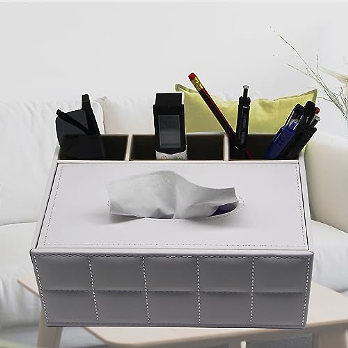 AOSFYSRR Rectangular Tissue Box Cover,Modern Tissue Storage Box,Multifunctional Tablet Stand Organizer with 3-compartments for Pens,Cellphone,Remote Control,Suit for Office/Home/Hotel (White Grid)