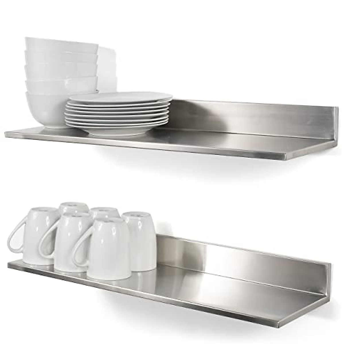 Wallniture Plat Stainless Steel Wall Shelf Heavy Duty Restaurant Bar Cafe & Home Kitchen Organization and Storage Shelf Set of 2 23.60" Silver