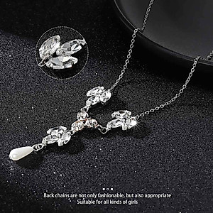 Jeweky Wedding Crystal Necklace Pearl Back Chain Silver Drop Back Body Chain for Women