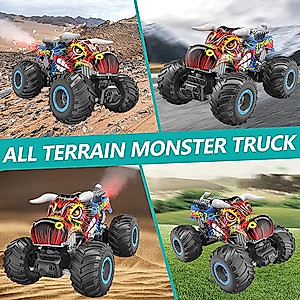iBlivers Remote Control Monster Truck, 2.4GHz All Terrain Remote Control Monster Cars, RC Monster Truck Off-Road Car, RC Monster Car with Spray Music and Light for Boys 4-7 8-12 Kids