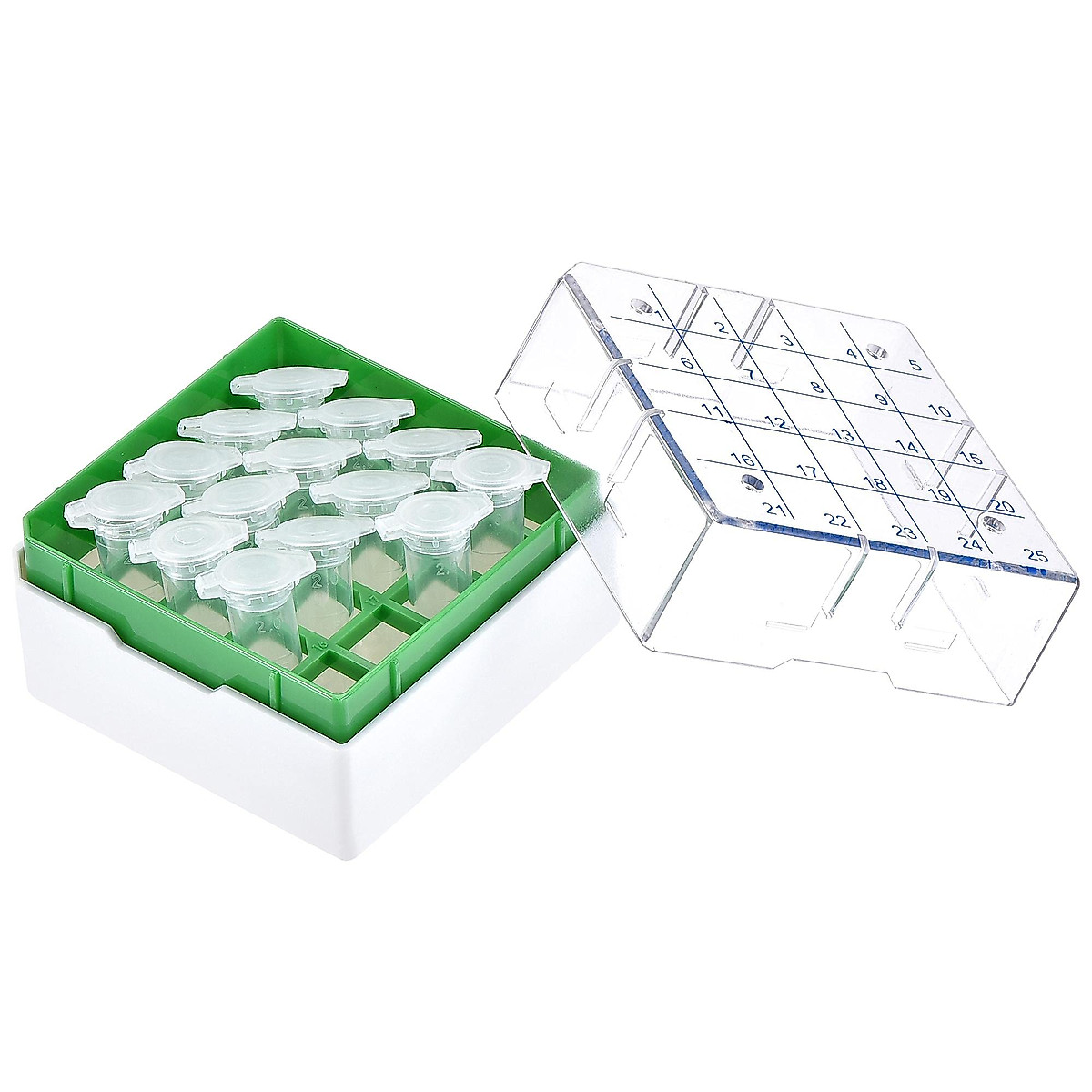 uxcell Centrifuge Tube Freezer Storage Box 25 Places Waterproof Polypropylene Cryogenic Holder Rack for 1.8/2ml Microcentrifuge Tubes Vials Samples, Green