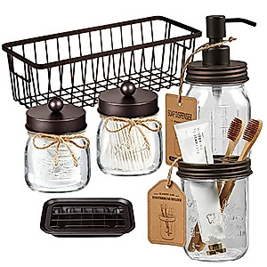Premium Mason Jar Bathroom Accessories Set (6PCS) - Lotion Soap Dispenser,Toothbrush Holder,2 Apothecary Jars(Qtip Holder),Soap Dish,Metal Wire Storage Organizer Basket-Rustic Farmhouse Decor (Bronze)
