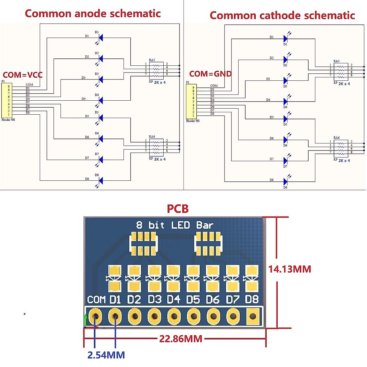 3.3V 5V 8 Bit Red Common Anode LED Indicator Module DIY kit No Pin(1)