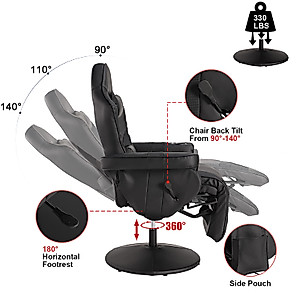TITIMO Massage Gaming Chair,Ergonomic Adjusted Reclining Video Gaming Single Sofa, Pu Leather Chair with Footrest Headrest and Lumbar Support (Black)