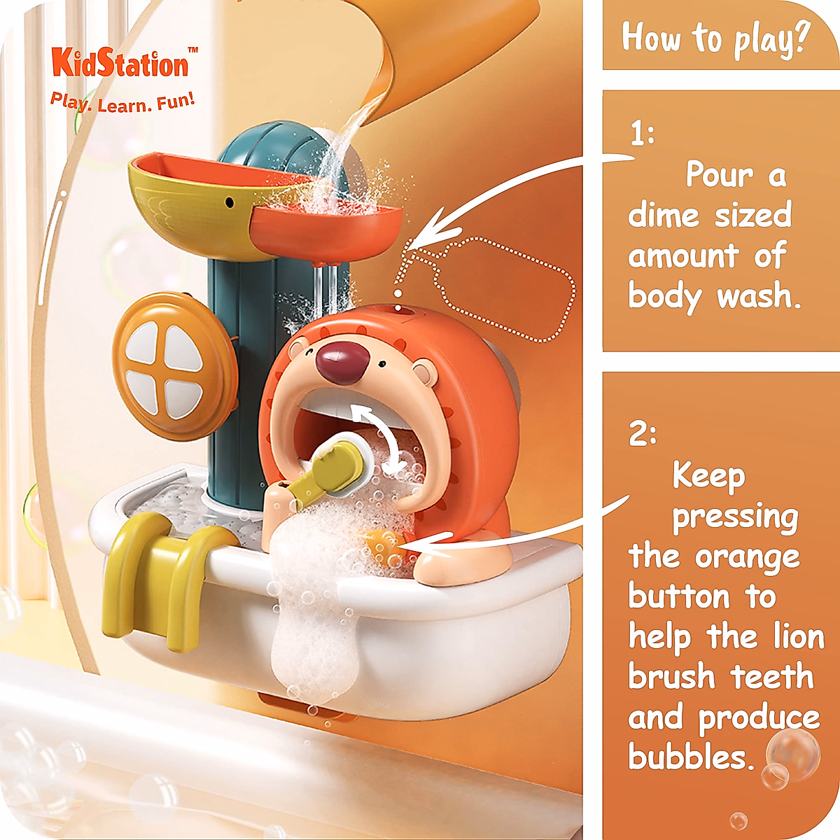KidStation® - Baby Bath Toys for Toddlers 1-3, Kids 3-4 Years Old - Lion Bathtub Toys with Bubble Foam Maker + 3 Wind-Up Swimming Turtles - Gift Card Included for Christmas and Birthday