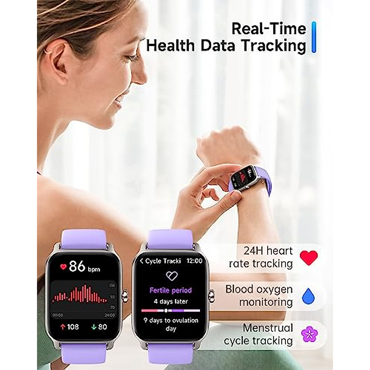 TOOBUR Smart Watch for Women Alexa Built-in, 1.8" IP68 Fitness Tracker with Heart Rate/Blood Oxygen/Sleep Tracker/100+ Sport Modes/Answer & Make Calls, Fitness Watch Android iOS Compatible Lilac