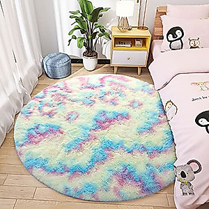 ST. BRIDGE Soft Round Rainbow Rug for Girls Room, Fluffy Circle Rug for Kids Room Decor, Indoor Modern Anti-Skid Fuzzy Nursery Mats, Shaggy Fur Area Rugs for Living Room Bedroom Plush Carpet, 4 Feet