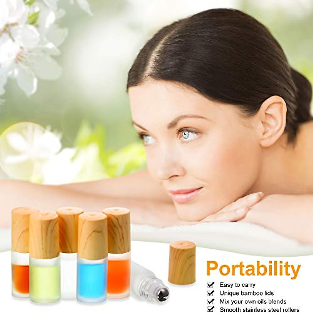 10 Piece Frosted Glass Roller Bottle Bulk with Imitation Wood Grain Plastic Cap for Essential Oils Roll-on Bottle with Stainless Steel Roller Ball, 10 Piece Plastic Pipette and 2 Piece Funnel (5ml)