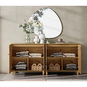 WAMPAT Wide Dresser Chest with Doors for Bedroom, 2-in-1 Rustic Oak Brown Wood Closet Storage Organizer with 6 Compartments for Kids Room, Nursery, 70.8x15.3x32.4