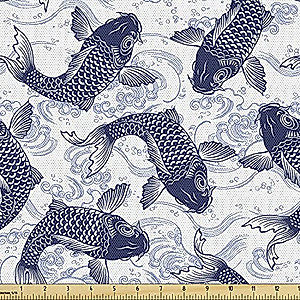 Ambesonne Fish Fabric Material by the Yard, Japanese Carp Koi Waves Patterned Background Ancestral Animals Culture, Decorative Cloth for Furnishing Sofa Upholstery and Home Accents, 1 Yard, White Blue