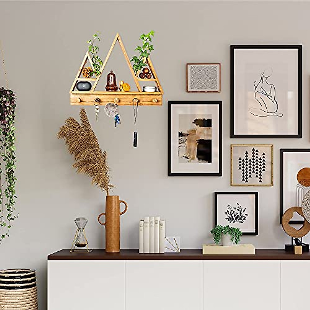 Mountain Shelf with Hooks – Triangle Shelves for Boho Crystal Shelf Display, Essential Oil Holder Organizer, Rustic Wooden Décor for Bedroom, Bathroom, Living Room, Nursery & Entryway