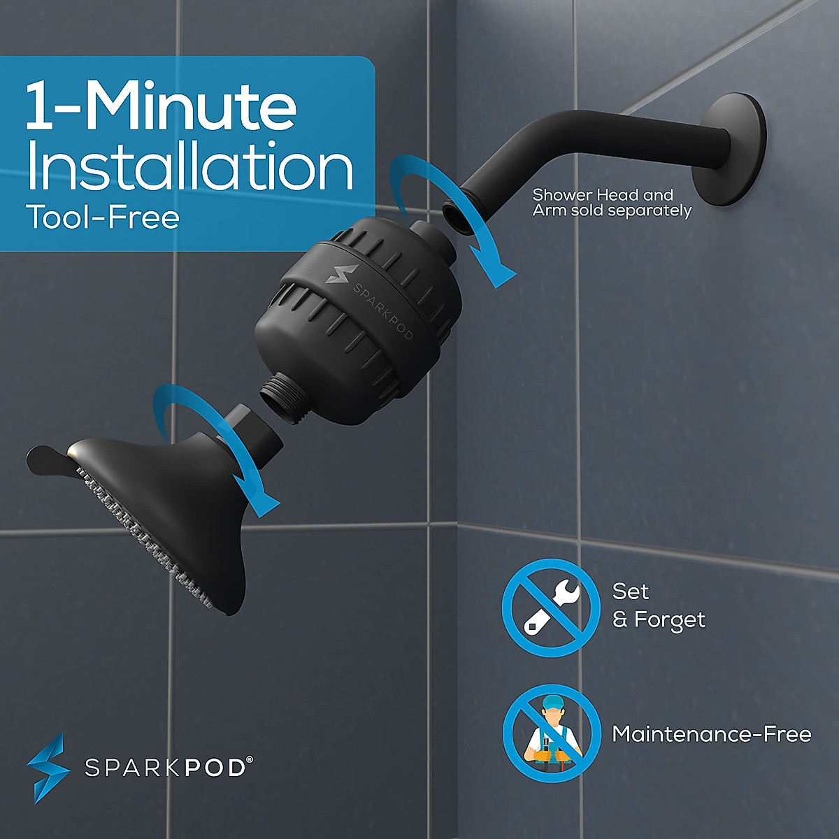 SparkPod High Output Shower Filter Capsule - Suitable for People with Sensitive and Dry Skin and Scalp, Filters Chlorine and Impurities | 1-min install (Midnight Black Matte)