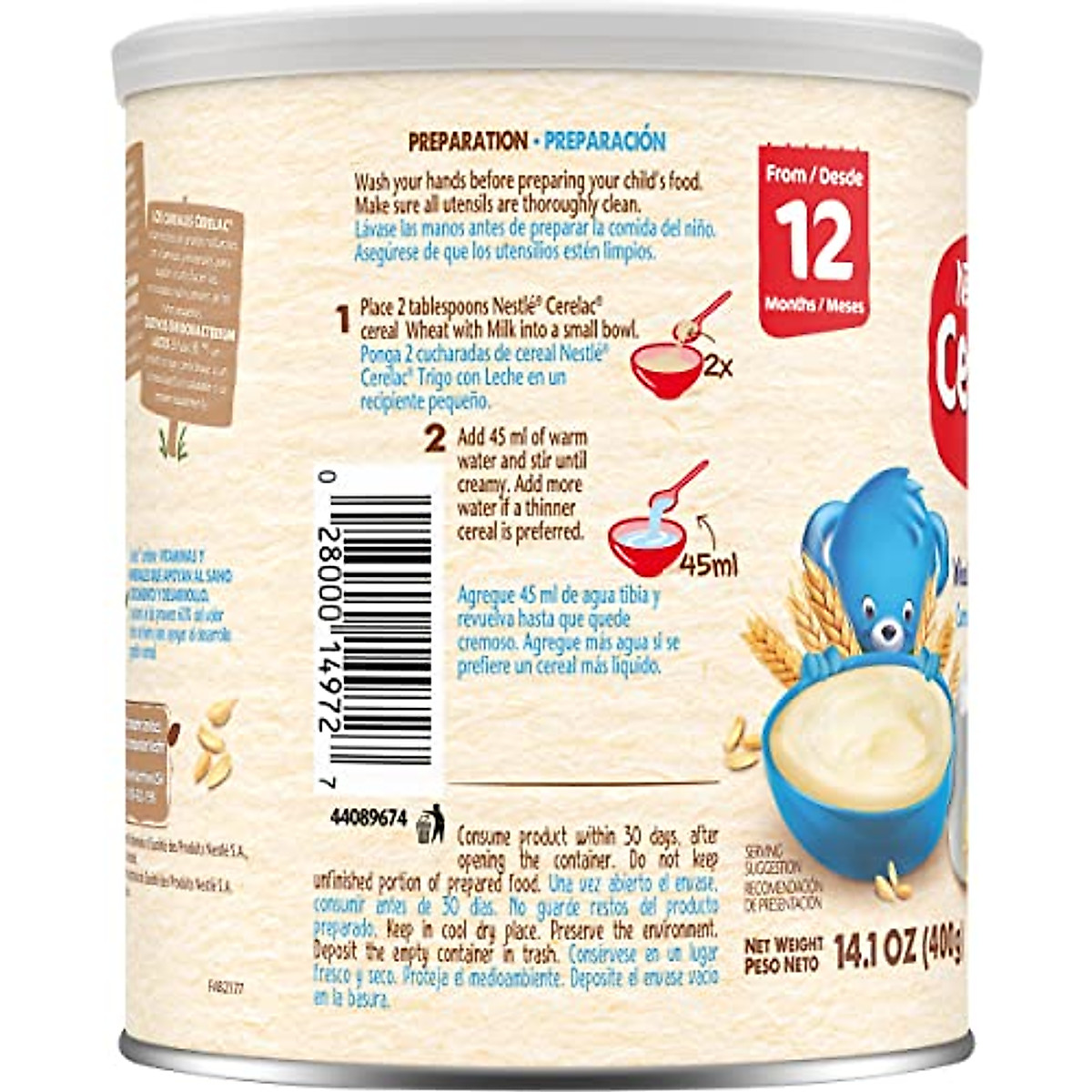 Nestle Cerelac Wheat Cereal with Milk, Made for Toddlers 12 Months, 14.1-Ounce Canister (Pack of 1)