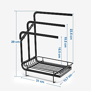 Sponge Holder with Drain Pan for Kitchen Sink Kitchen Towel Rack Sink Caddy Organizer for Dish Sponge Brush Soap Dishcloth Holder(Black)