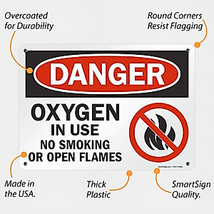 SmartSign - U9-1266-NP "Danger - Oxygen In Use, No Smoking Or Open Flames" Sign | 10" x 14" Plastic , Black/Red on White