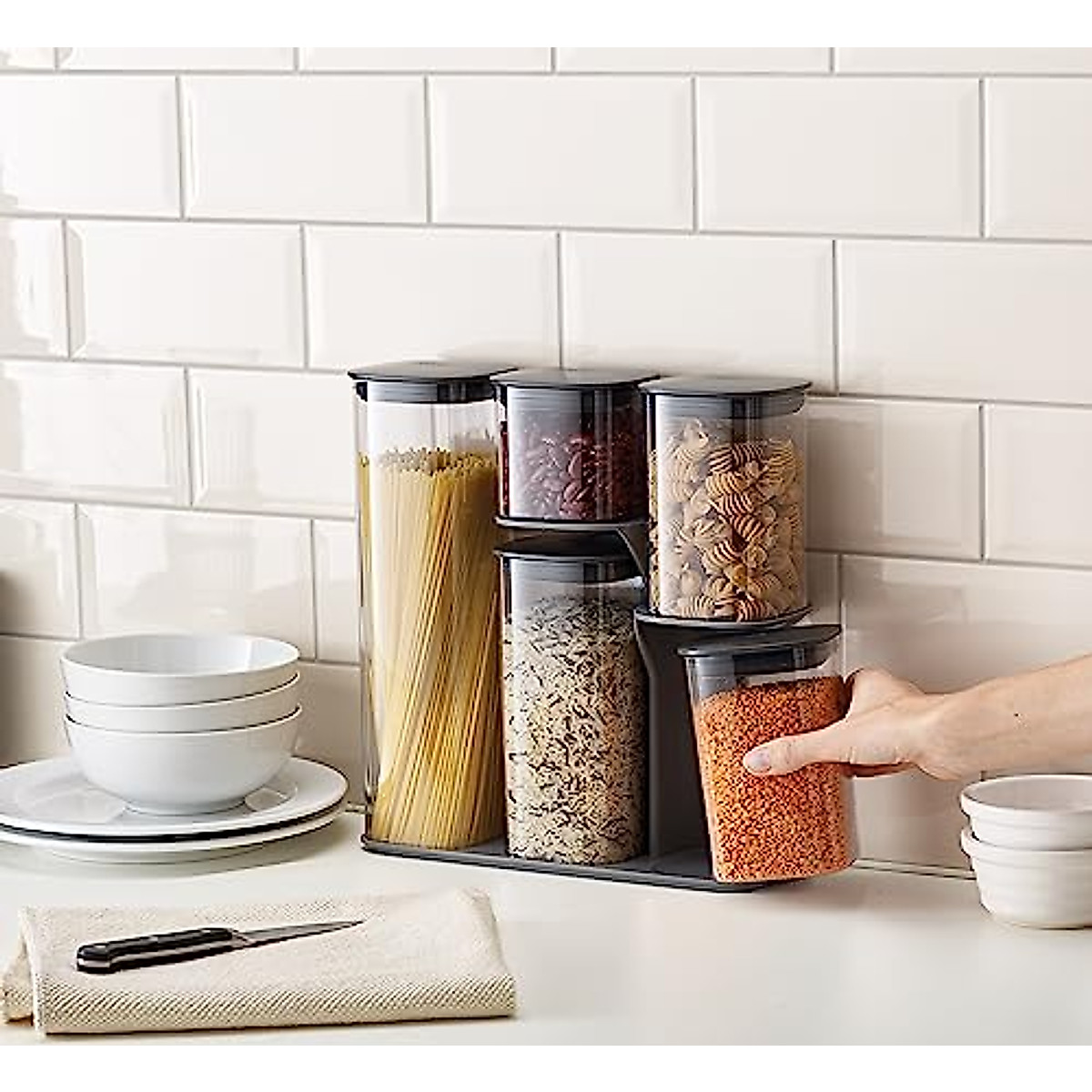 Joseph Joseph Podium Dry Food Storage Container Set with Stand, 5-piece, Gray