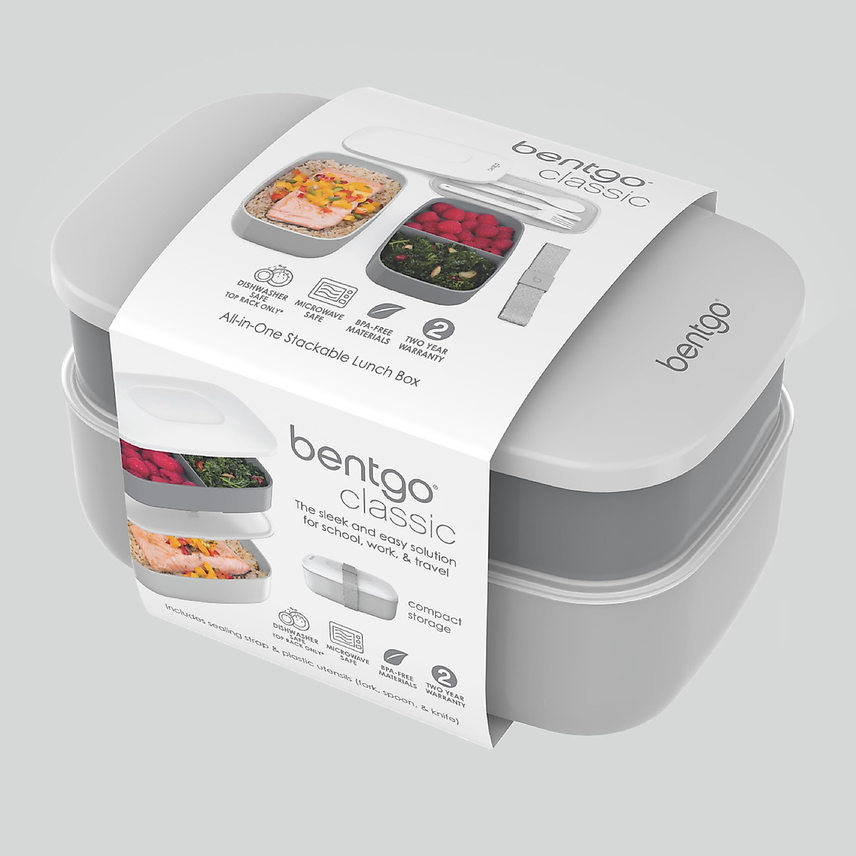 Bentgo Classic - All-in-One Stackable Bento Lunch Box Container - Modern Bento-Style Design Includes 2 Stackable Containers, Built-in Plastic Utensil Set, and Nylon Sealing Strap (Gray)