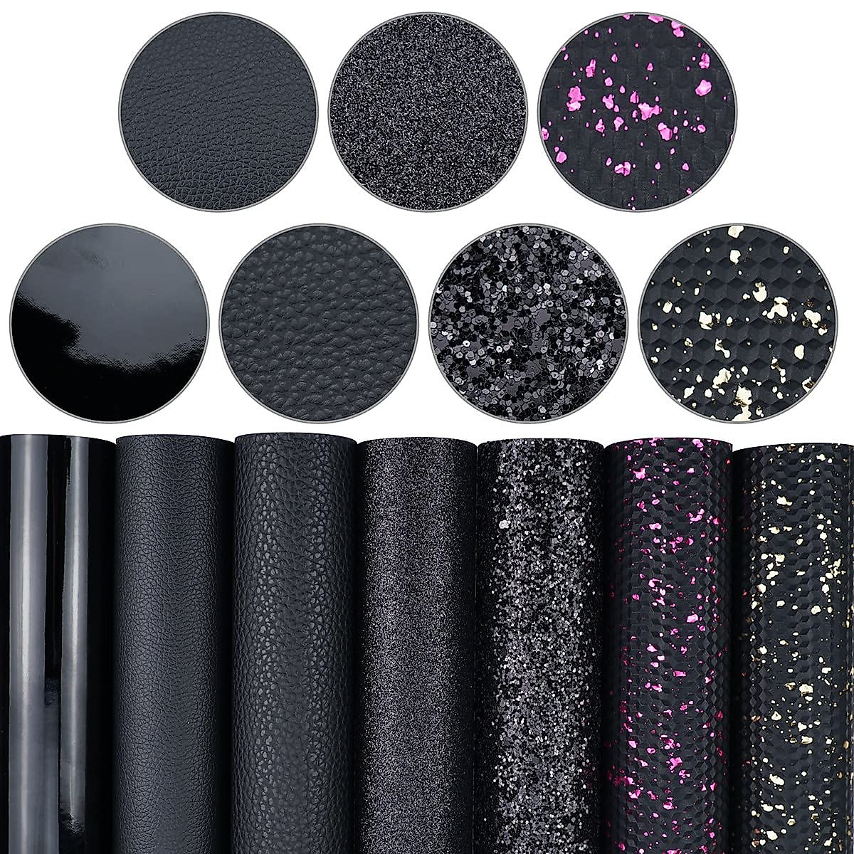 7 Pieces/Set 8x12 Inch (21cm x 30cm) A4 Bundle Leather Sheets Mixed Black Series Fine Chunky Glitter Litchi Patent Embossing Faux Leather Fabric for Bow Earring Making DIY Craft
