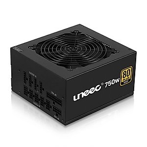 Uneec 750 Watt Power Supply 80 Plus Gold Fully Modular PC ATX Computer PSU 750W with UL CE Quality Standards, Quiet Cooling Fan, Supports Gaming STI Crossfire Game, Dual CPU, Active PFC Auto Adapter