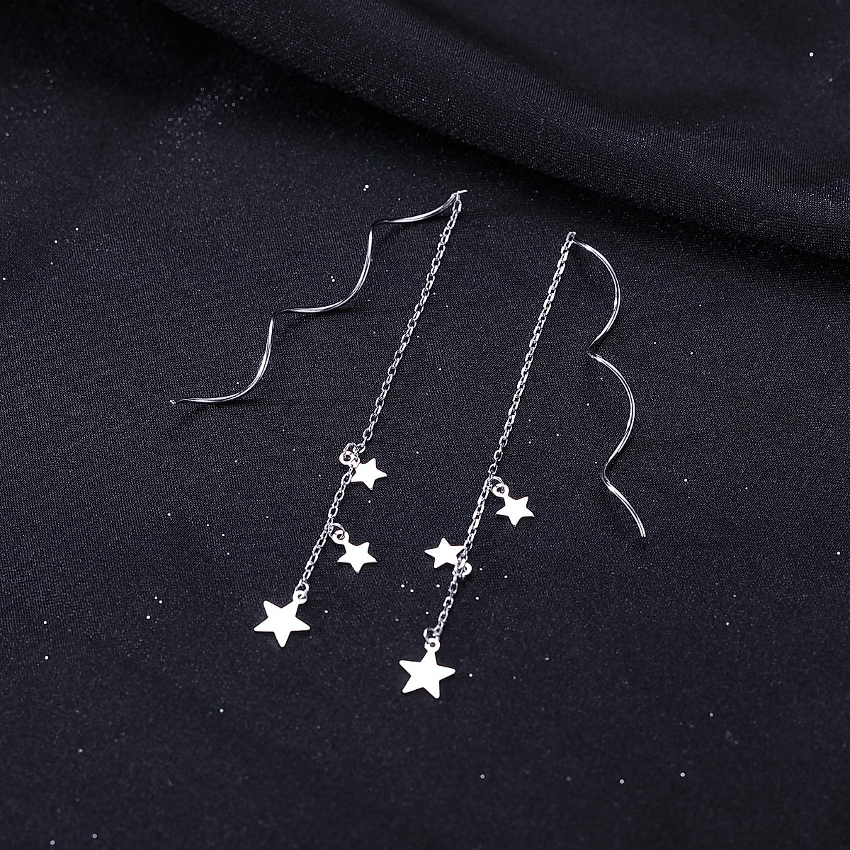 SLUYNZ Sterling Silver Stars Dangle Earrings Chain for Women Curve Stars Dangle Earrings Long Threader (A-Silver)