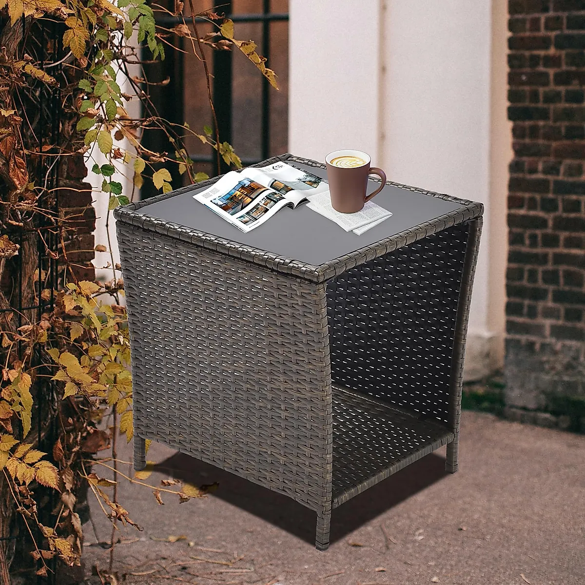 Koruiten Patio Wicker Storage Side Table,Outdoor PE Rattan Woven Coffee End Table with Tempered Glass Top for Indoor Outdoor Porch Lawn Poolside Garden Backyard Balcony(Dark Blonde)