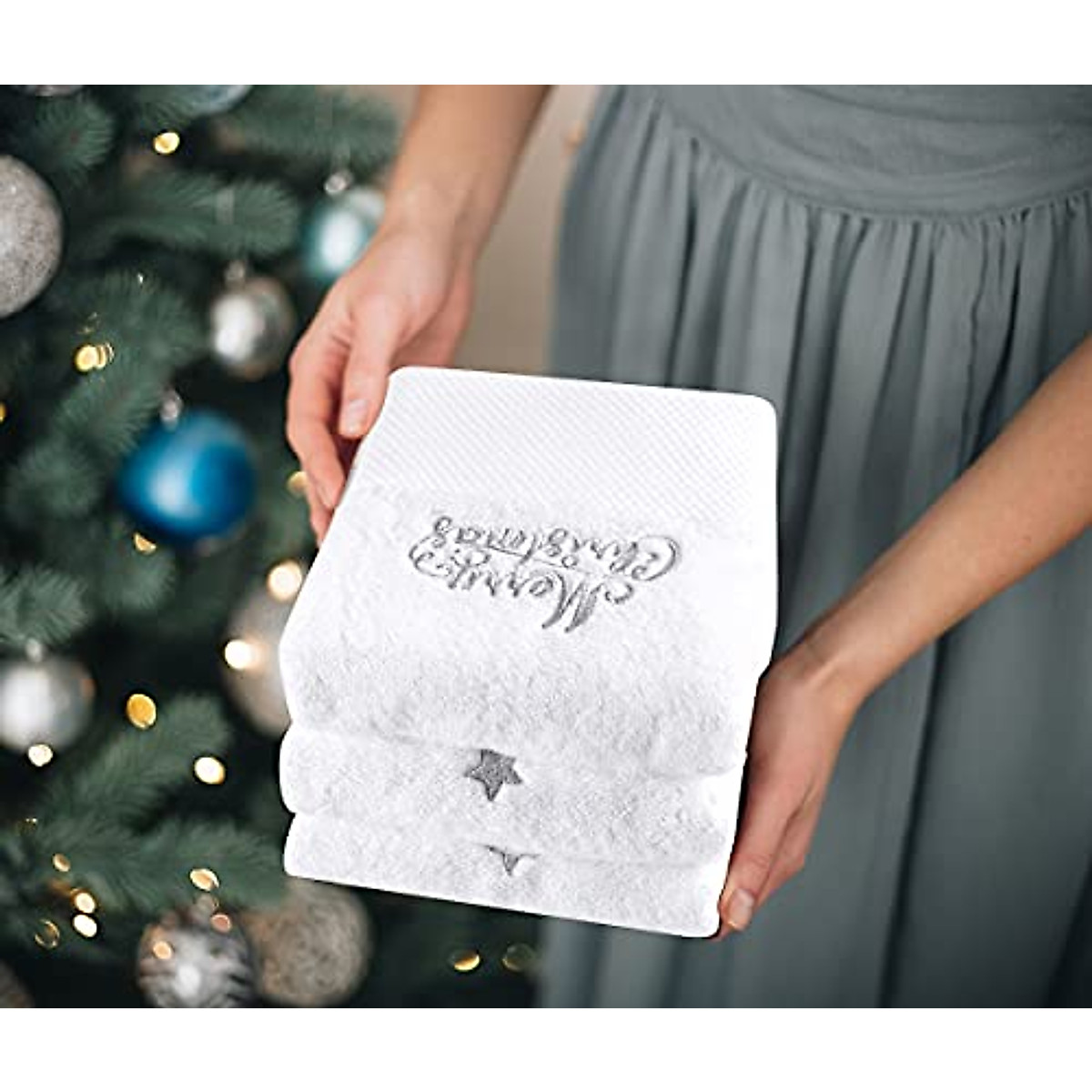 2 Pack Christmas Hand Towels 100% Cotton Embroidered Premium Luxury Decor Bathroom Decorative Dish Towels Set for Drying, Cleaning, Cooking, Holiday Towels Gift Set 13.7'' x 29.5''