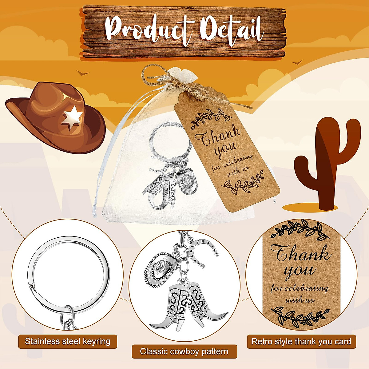 151 Pcs Cowboy Western Party Favors Cowboy Keychain Western Keychain Cowboy Hat Boot Horse Shoe Keyring with Organza Bags Thank You Tags and Rope for Guests Engagement Western Party Favor Supplies