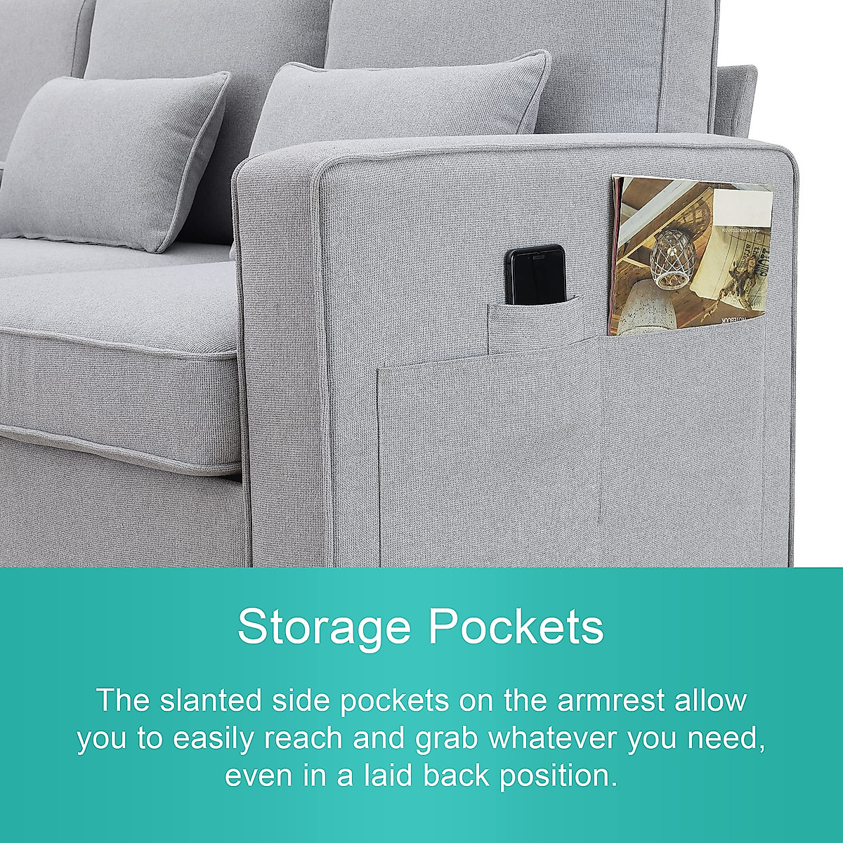 Favfurish 104" 4-Seater Modern Linen Fabric Sofa with Armrest Pockets,Minimalist Style Wood Frame Couch,w/ 4 Pillows,for Living Room,Apartment,Office,Light Grey