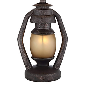 Franklin Iron Works Horace Rustic Farmhouse Table Lamps 25.25" High Full Size Set of 2 with Nightlight Miner Lantern Brown Oatmeal Tapered Drum Shade for Living Room Bedroom House Bedside Nightstand