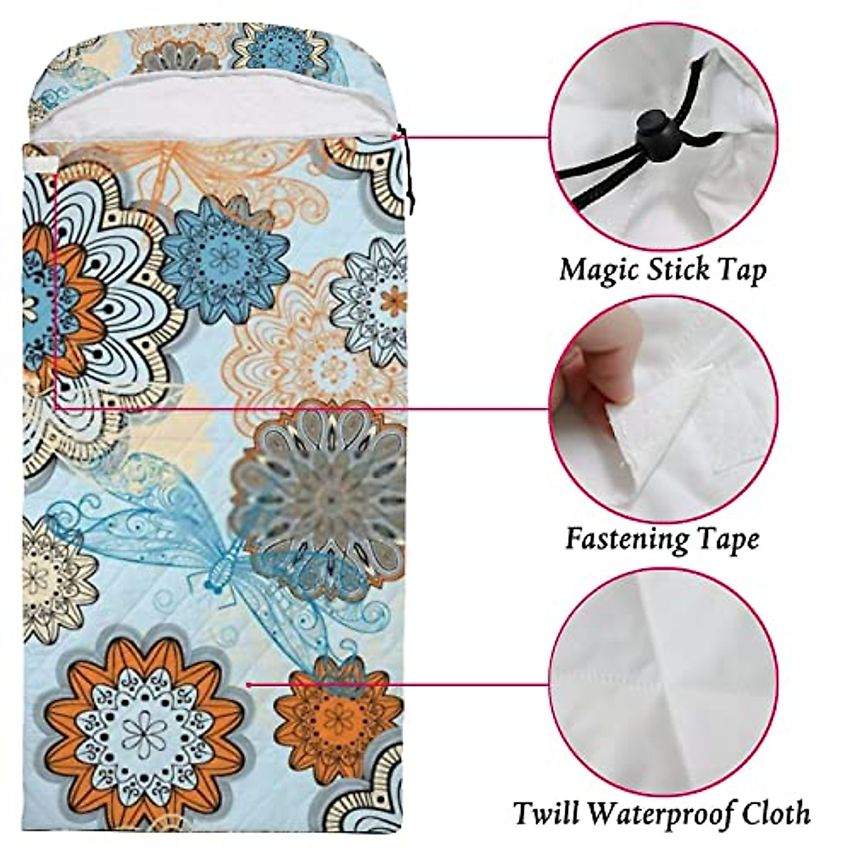 Camping Sleeping Bags for Adults Abstract Doodle Flowers Dragonflies 3 Season Cold Weather Sleeping Bag Waterproof Sleeping Nap Mat for Girls Boys Hiking Travel Outdoor