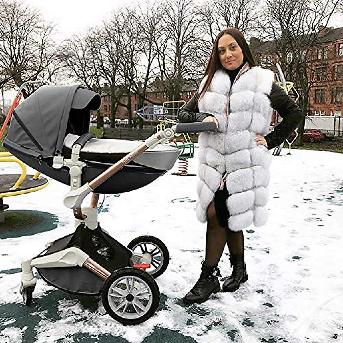 Baby Stroller 360 Rotation Function,Hot Mom Baby Carriage Pu Leather Pushchair Pram,Dark Grey