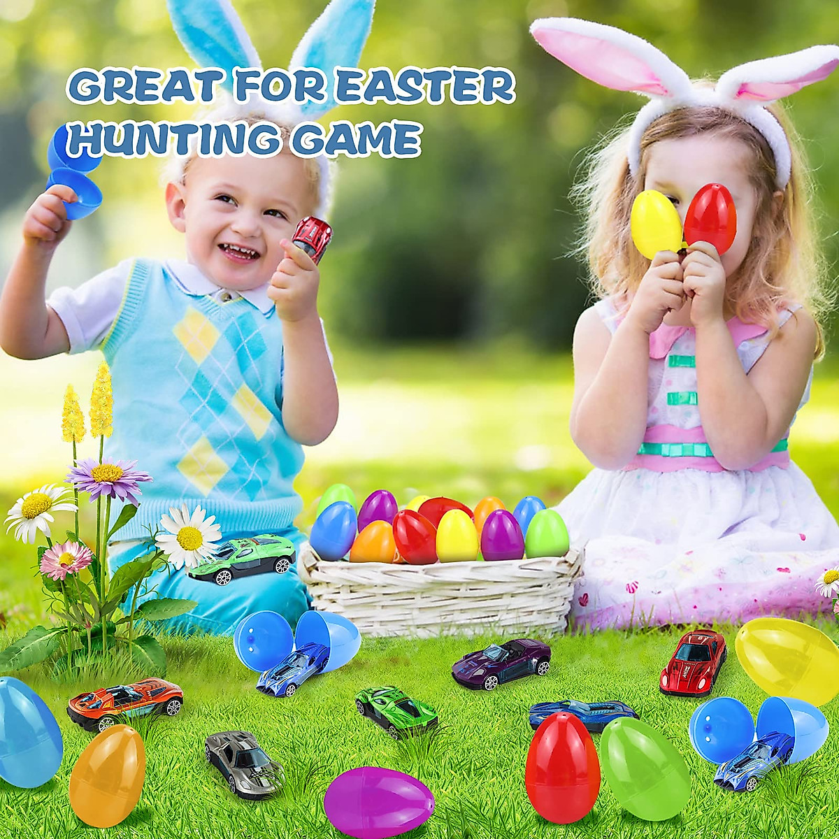 OCHIDO 12 Pack Easter Eggs Toys with Die-Cast Cars,Boy Easter Basket Stuffers for Kids,Easter Eggs Hunt,Prefilled Easter Eggs with Toys,Easter Party Supplies Bulk