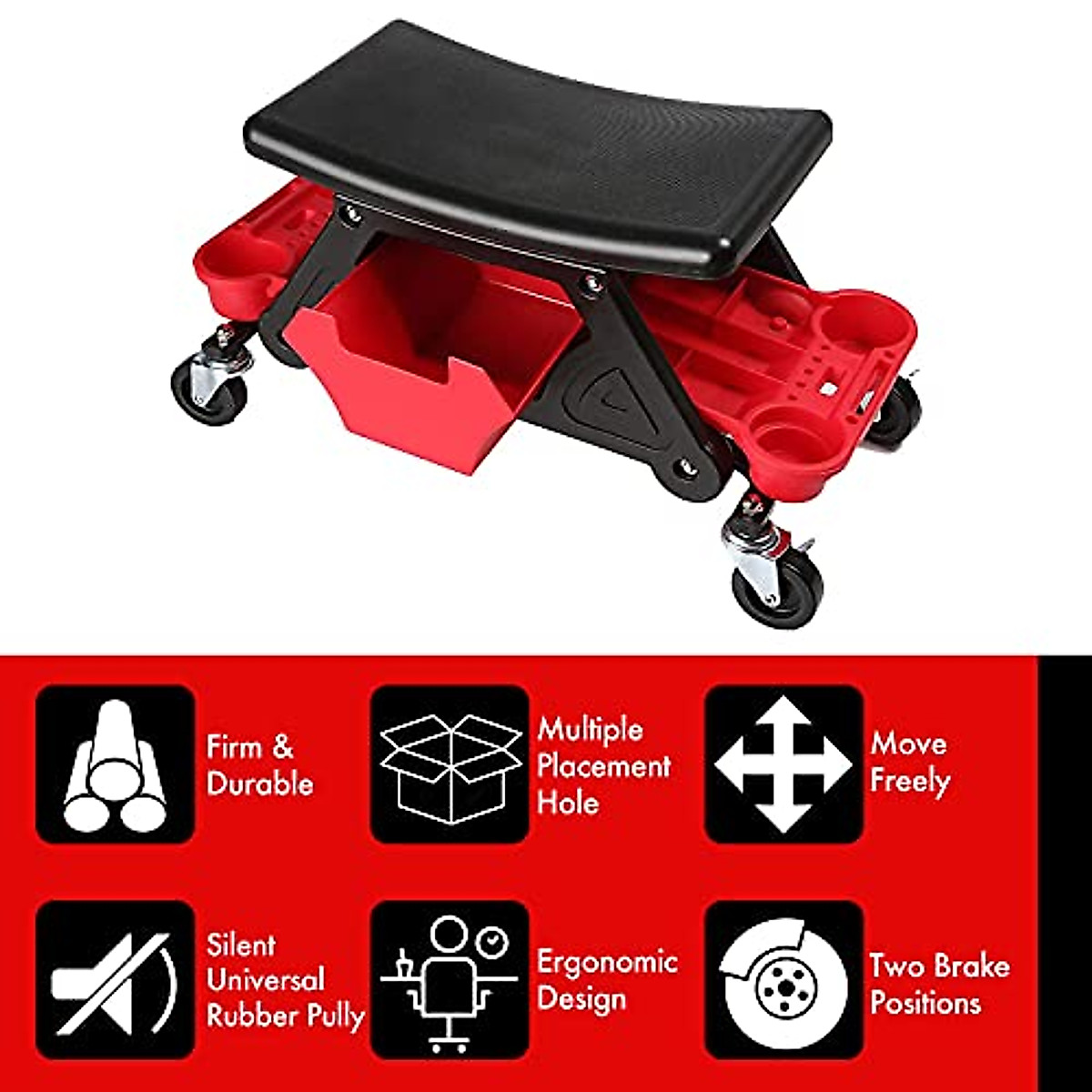 Flieeya Mechanic Stool Heavy Duty Roller Mechanics Seat Creeper Seat Garage Roller Car Detailing Stool Seat Garage Seats with Slide Out Tool Trays and Drawer, Brake Stool, 300 LB Capacity