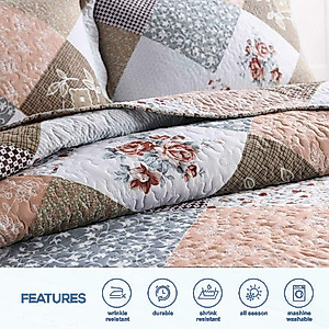 ENJOHOS 3-Piece Quilt Bedspread Sets Queen Size Coverlet Lightweight Reversible Bedspread for Queen Bed Korean Style Flower Garden on Pink Checker Daybed Bedding