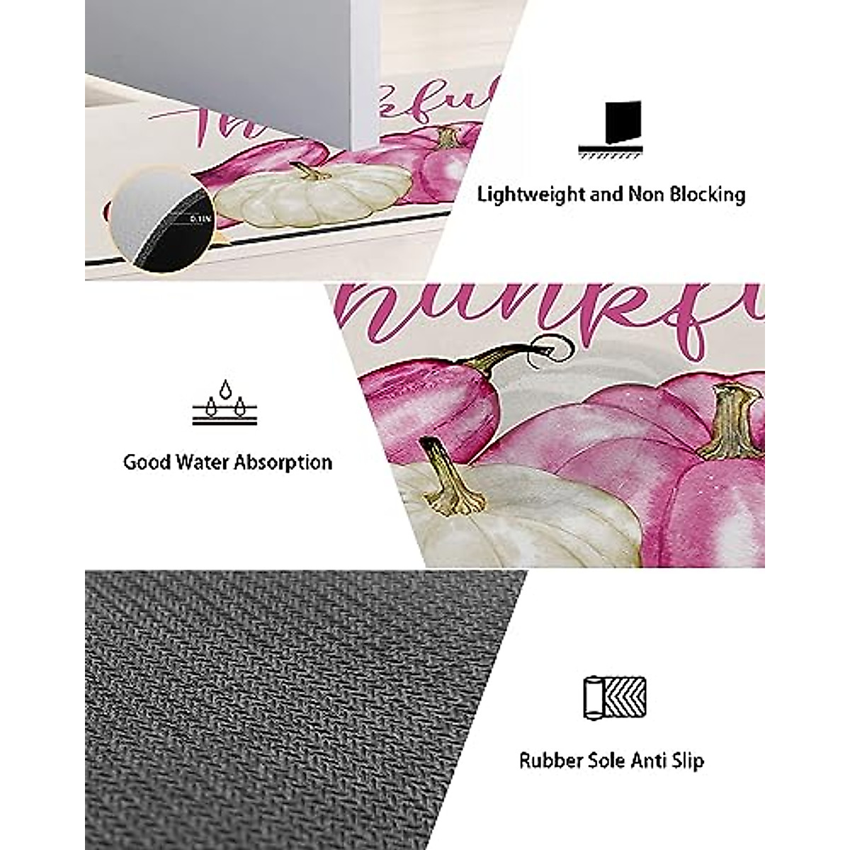 Thanksgiving Fall Bath Mat for Tub,Non Slip Bathroom Floor Runner Rug Quick Dry & Absorbent Diatomaceous Earth Shower Sink Kitchen Washable Doormat,Thanksful Harvest Pumpkin Pink White 20x24+20x48