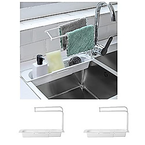 YIWULA 2PCS Sink Caddy, Telescopic Sink Storage Rack, Plastic Sponge Holder for Kitchen Sink, Over Sink Sponge Holder with Dishcloth Towel Holder, Expandable Sink Organizer (White)