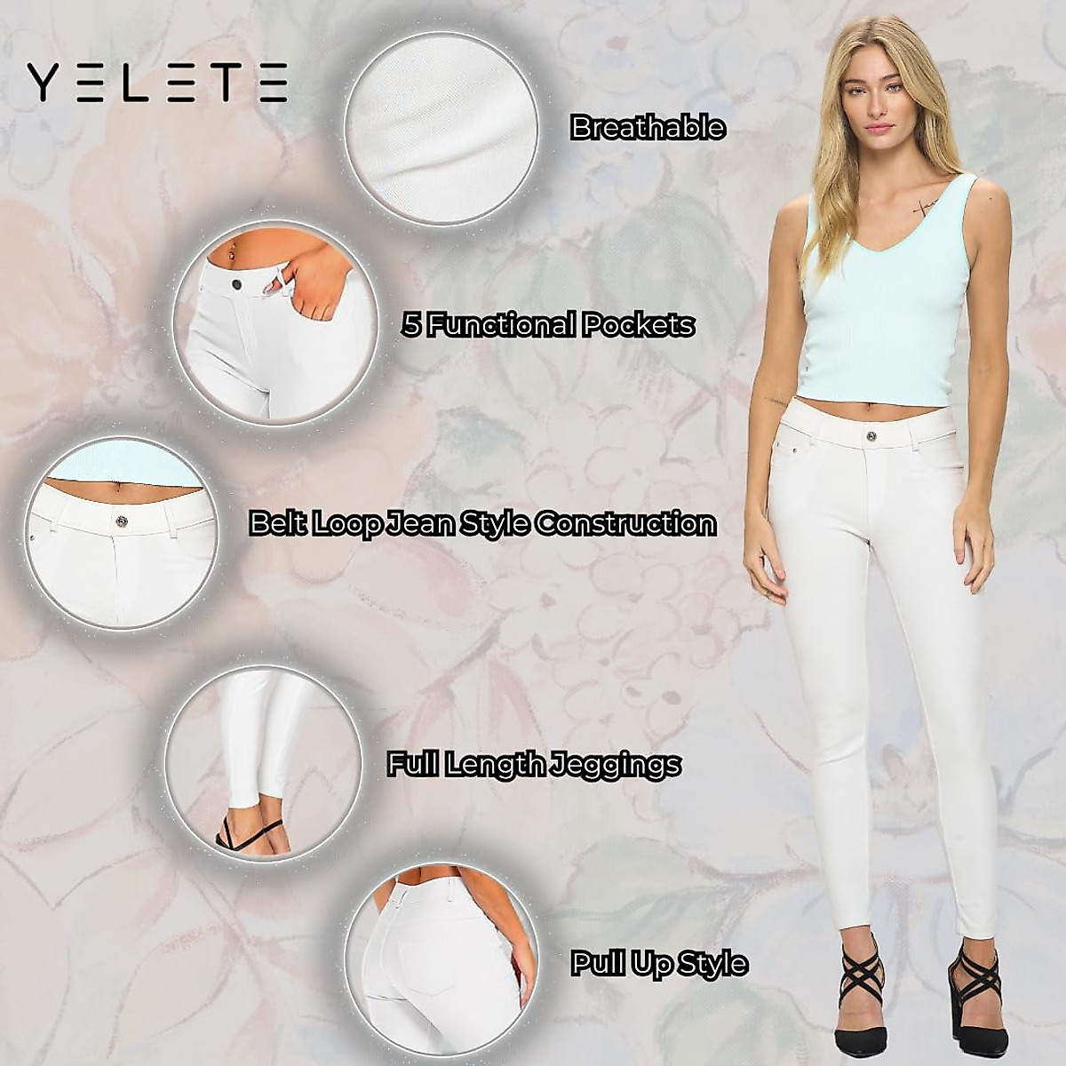 YELETE Women's Basic Five Pocket Stretch Jegging Tights Pants, White, Medium