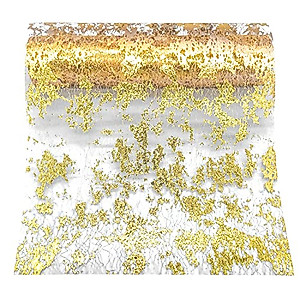 Qililandiy Gold Tulle Fabric Roll 11 Inch Sparkling Organza Fabric Spool Tulle Spool 10 Yards for Christmas Party Wedding Tutu Gift Wrap Table Decoration