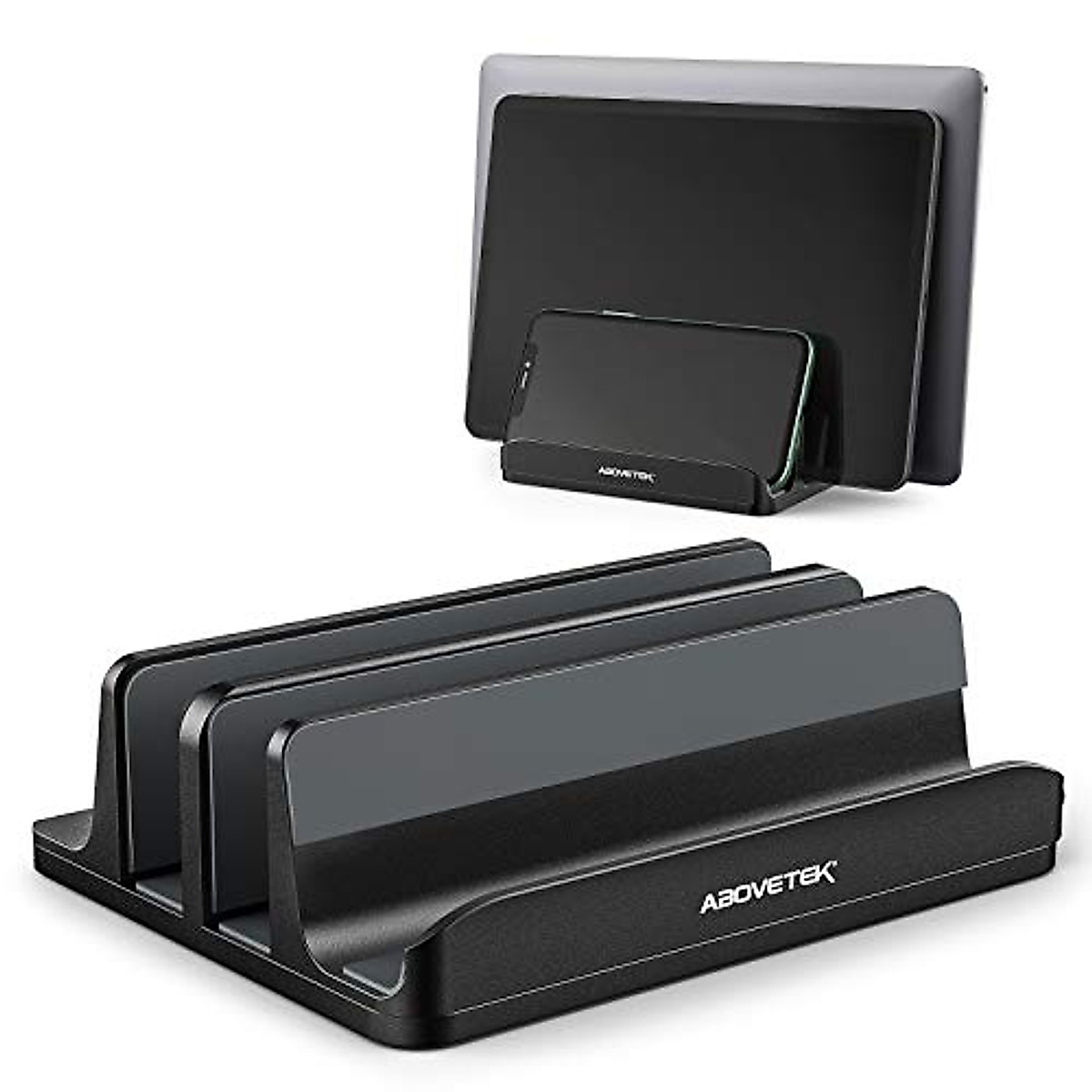 AboveTEK Vertical Laptop Stand 3 Slots for Computer, Tablet, Phone - Fits All Laptop Models (up to 17.3") - Heavy Duty Polished Aluminum Desktop Holder - Anti Slide Silicone Grips - Black