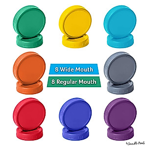 16 Pack Colored Plastic Ball Jar Lids, Kerr - 8 Regular Mouth & 8 Wide Mouth Mason Jar Lids Canning lids for Canning Jars, Reusable Mason Jar Plastic Lids for Yogurt