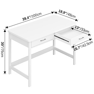 4NM 39.4" Small Desk with Wood Drawers, Home Office Computer Desk with Wooden Legs, Study Writing Table Vanity Desk for Small Spaces - White