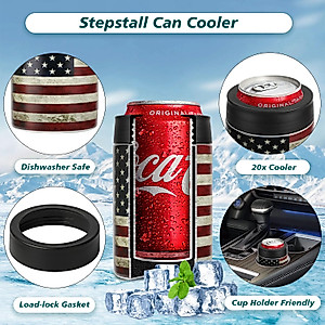 Stepstall Can Cooler Beer Bottle Holder with Beer Opener, 4-in-1 Design Slim Can Beer Bottle Insulators, Double Walled Stainless Steel Insulated, 12 OZ Beer Gifts for Men Boys Father(American Flag)