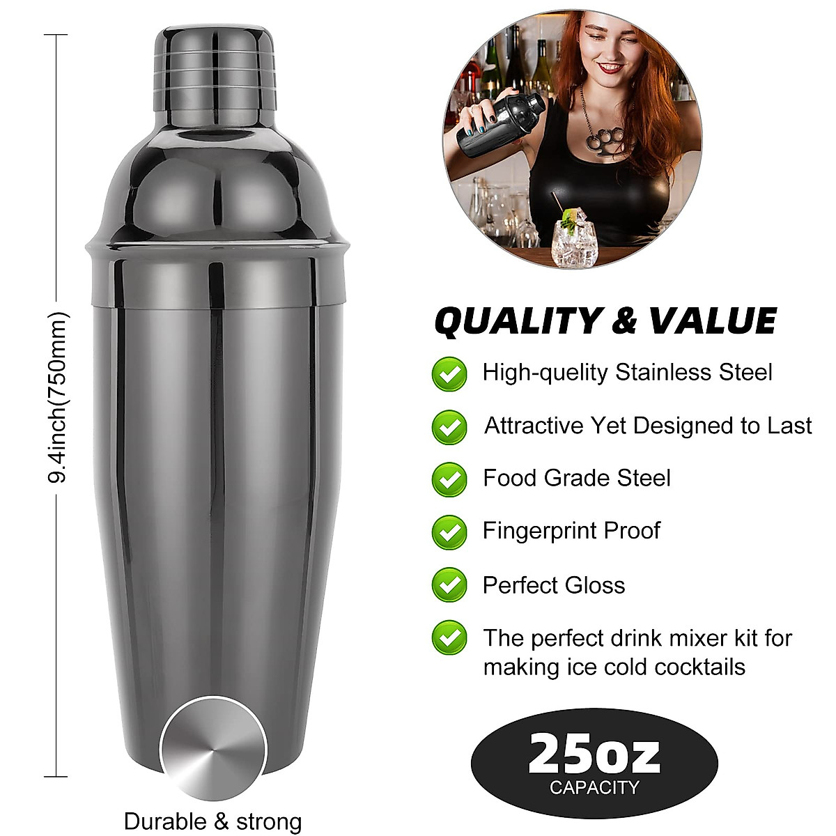 23 Piece Cocktail Shaker Set Bartender Kit with Acrylic Stand & Cocktail Recipes Booklet, Professional Bar Tools for Drink Mixing, Home, Bar, Party (Include 4 Whiskey Stones) - Black