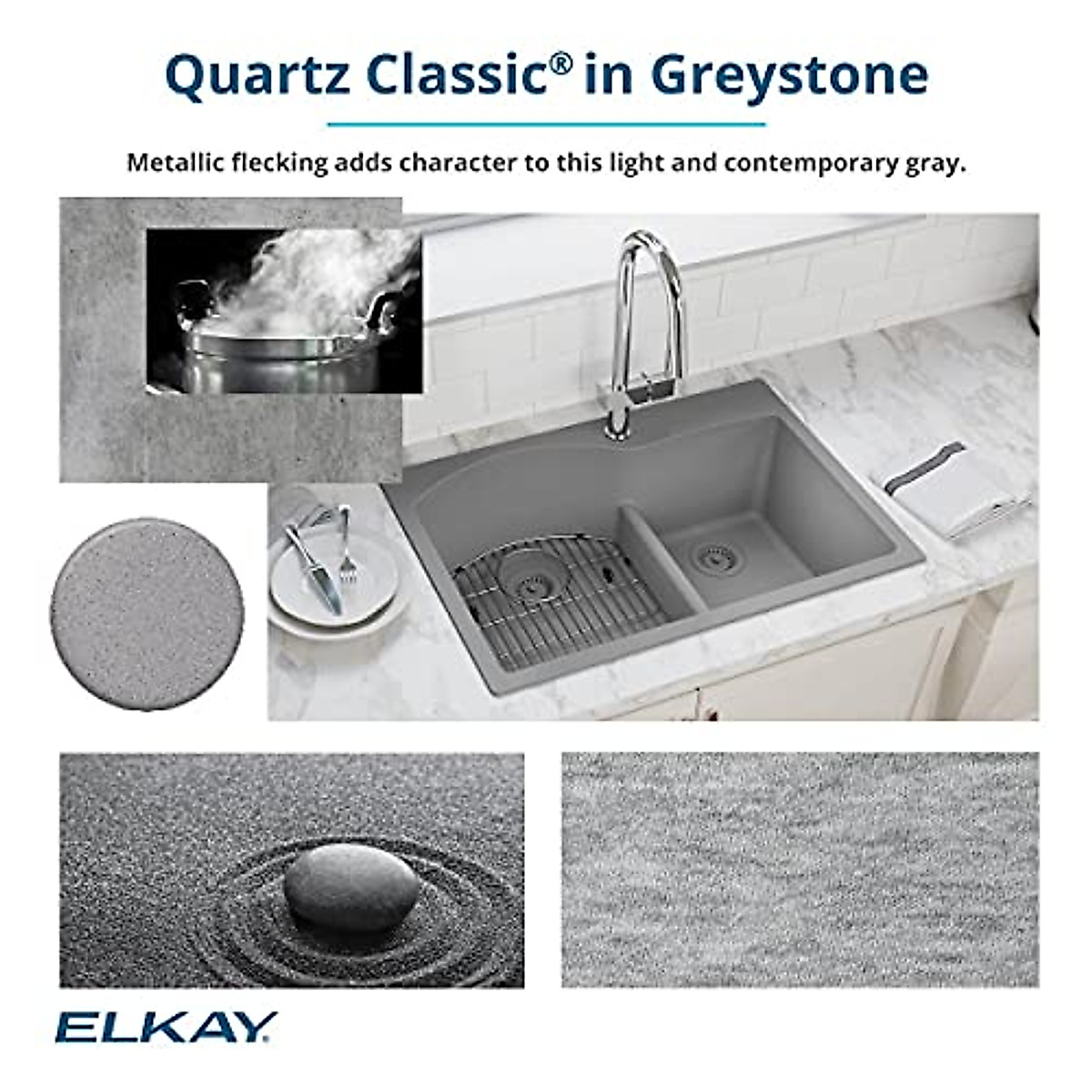 Elkay Quartz Classic ELGU3322GS0 Greystone Equal Double Bowl Undermount Sink